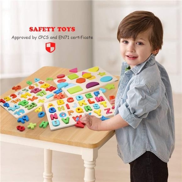 Toys | 3 Pack Wooden Puzzles Alphabet Number Shape Learning Puzzle For ...